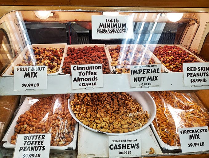 The nut section offers everything from simple roasted cashews to elaborate butter toffee peanuts, perfect for those who like their sweets with substance.