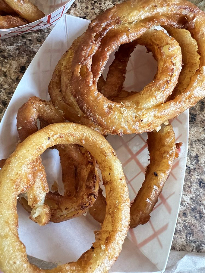 Golden halos of happiness! These onion rings achieve the perfect batter-to-onion ratio, with a satisfying crunch that announces each heavenly bite.