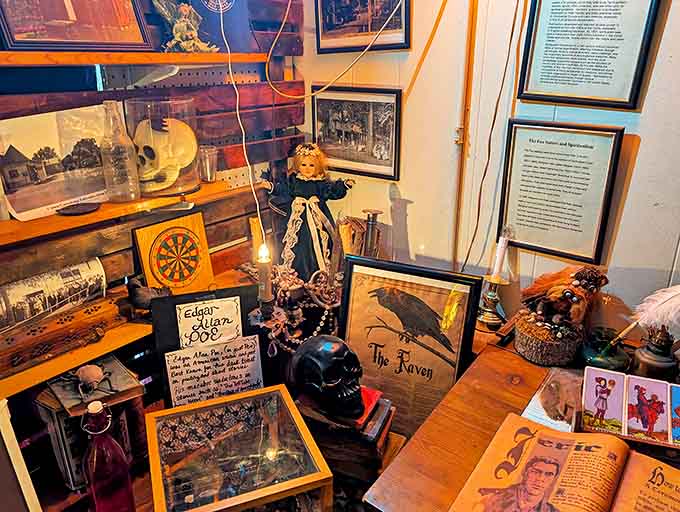 Edgar Allan Poe would feel right at home among these literary tributes and occult items, where "The Raven" seems perpetually perched.
