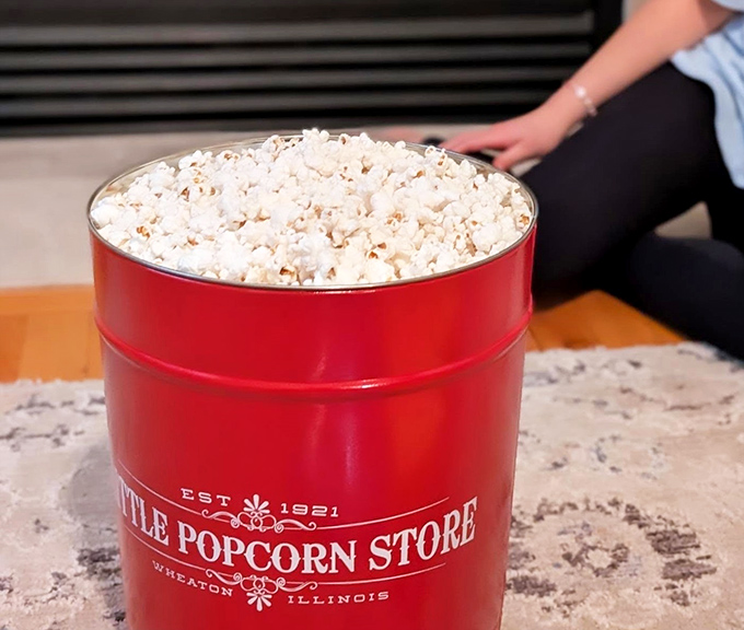 This glorious red tin doesn't just hold popcorn&mdash;it cradles fluffy clouds of perfectly popped kernels that make movie theater popcorn hang its head in shame.