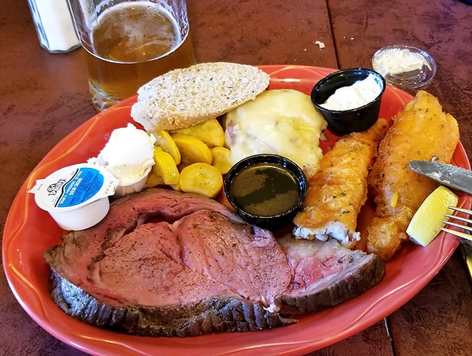 Land meets sea in this surf and turf delight &ndash; prime rib sharing the spotlight with golden-battered fish fillets.