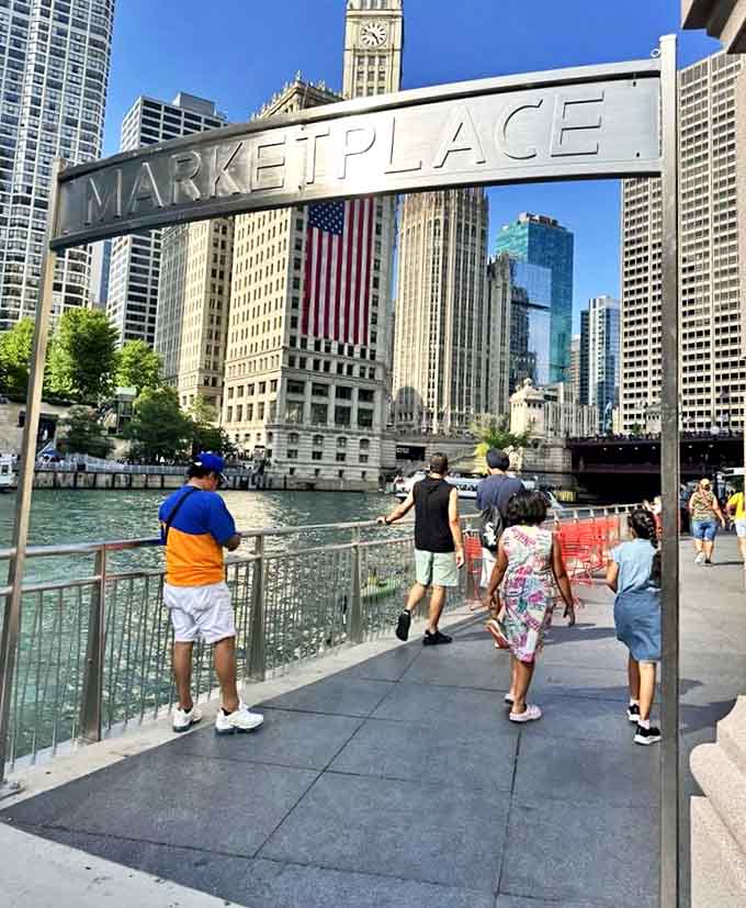 Strolling through the Marketplace section feels like discovering a secret passage through the heart of the city, with skyscrapers creating a dramatic backdrop.