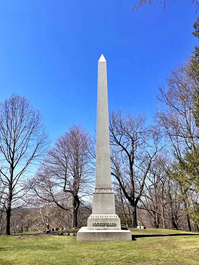 The Rockefeller obelisk stands in surprising modesty, considering it marks the resting place of America's first billionaire.