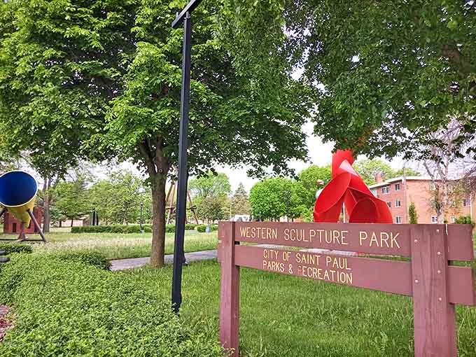 Western Sculpture Park's sign promises artistic adventures in the heart of Saint Paul, where creativity blooms in unexpected places.