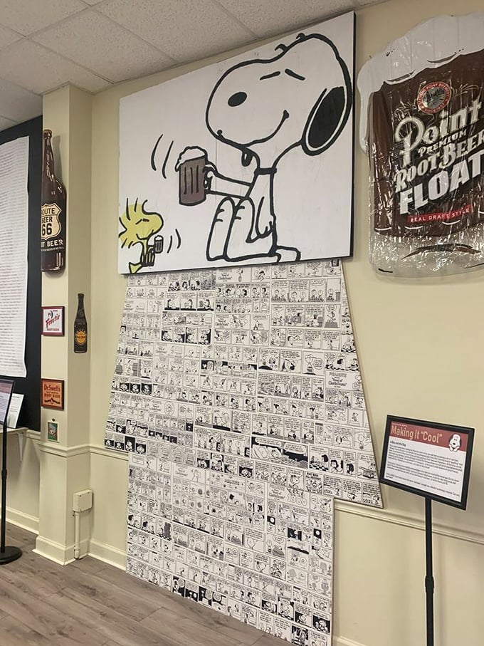Snoopy and Woodstock enjoy a frothy mug, surrounded by Peanuts comic strips &ndash; proof that root beer bubbles through American pop culture.