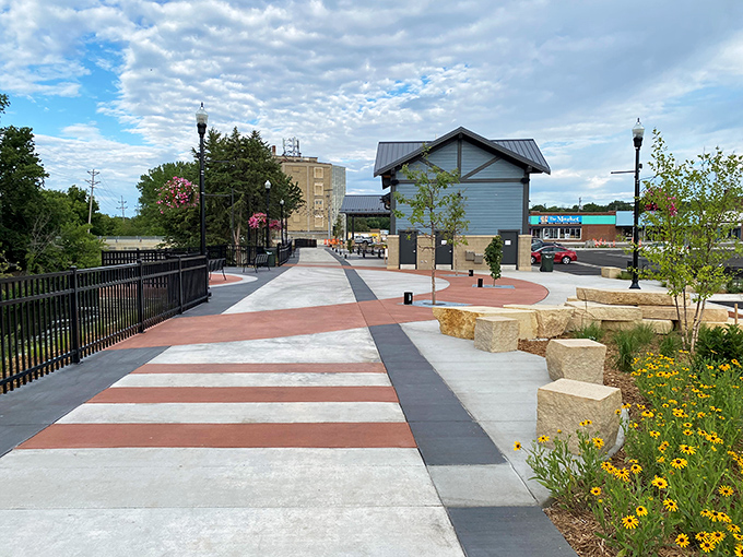 Spies Riverfront Park combines thoughtful landscaping with practical design, creating a gathering space that celebrates the Otter Tail River.