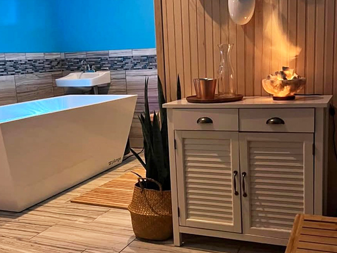 Elegant simplicity defines the spa's bathing area, where hydrotherapy treatments complement the salt experiences.