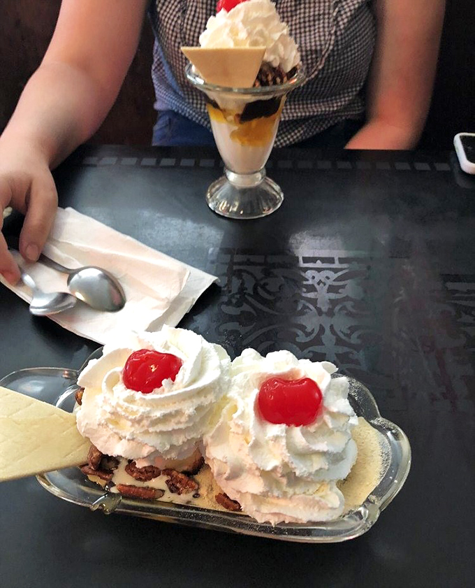 A turtle sundae and Happy Hollow sundae demonstrating that sometimes the best way to make decisions is simply ordering two different things and calling it research.