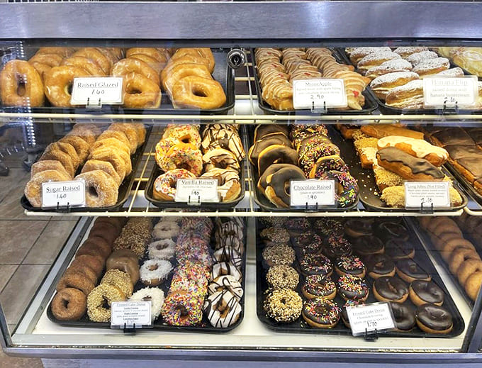 Donut nirvana: rows of glazed, frosted, and sprinkled creations await their destiny. Decision paralysis has never been so delicious.
