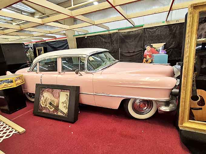 This pink Cadillac isn't just transportation; it's a time machine to the 1950s, complete with chrome details that would make Elvis nod in approval.