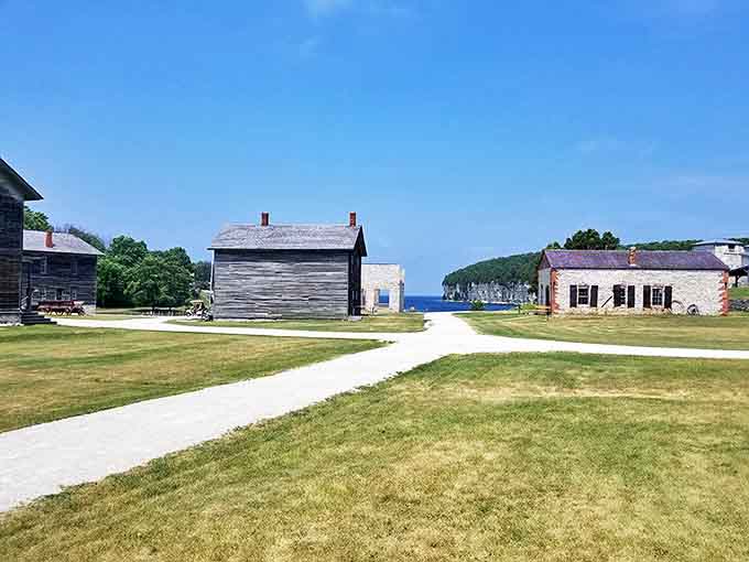 The town's thoughtful layout reveals itself in this panoramic view &ndash; industry, commerce, and residence zones perfectly preserved.