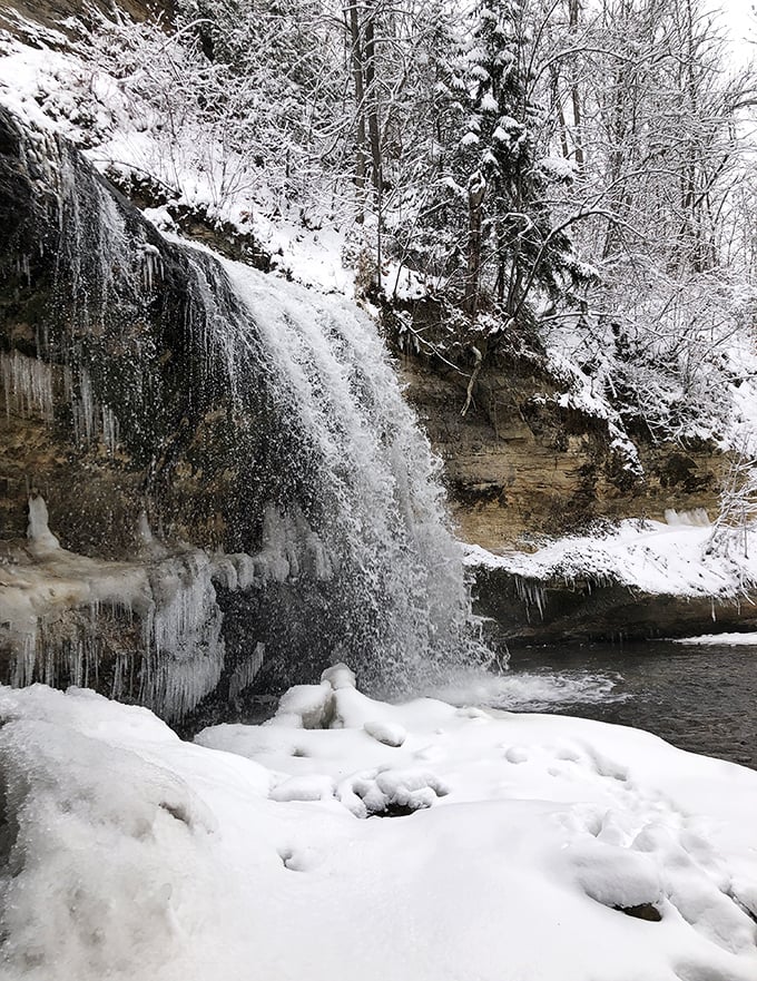 Winter transforms Cascade Falls into a frozen fantasy where water and ice perform a slow-motion ballet against the snowy backdrop.