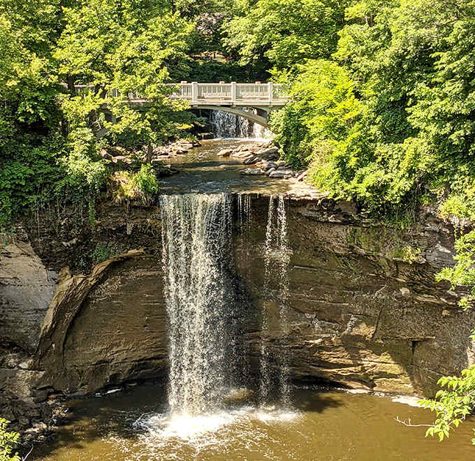 Minneopa Falls puts on a spectacular show as it tumbles dramatically beneath the observation bridge &ndash; nature's own theater.