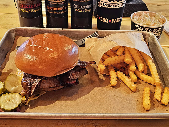 A tray of pure joy &ndash; brisket sandwich with sides that know their supporting role but still manage to steal scenes.