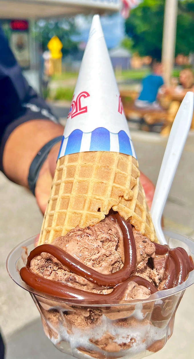Chocolate ice cream nestled in a waffle cone &ndash; simple pleasures elevated to art form status.