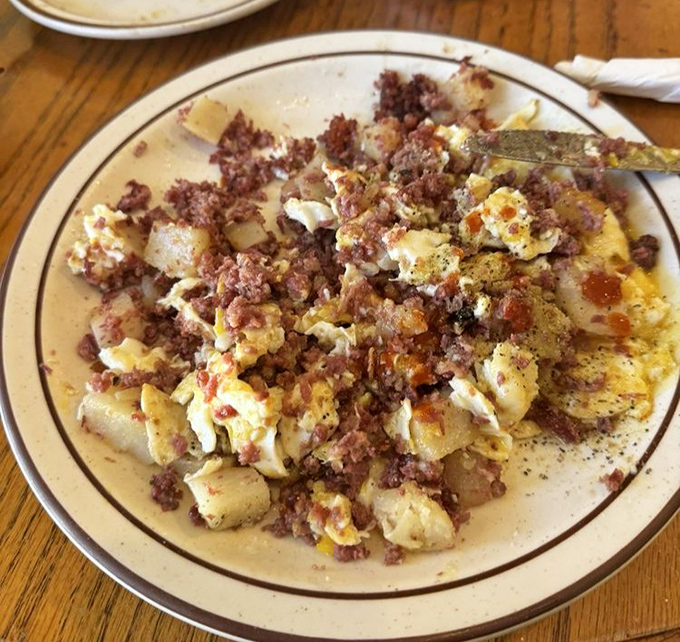 Corned beef hash that's achieved the perfect balance between crispy and tender, with eggs cooked exactly how you'd want them.