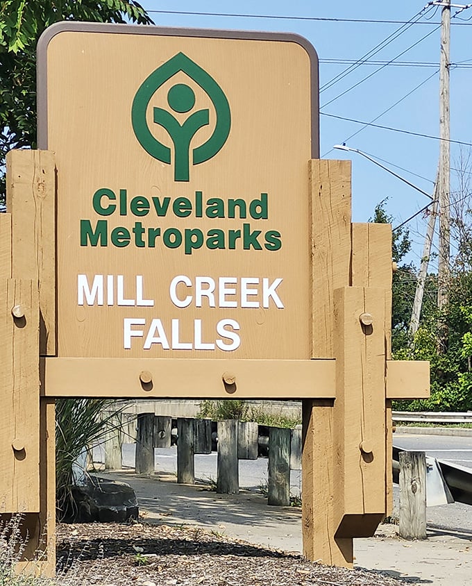 The Cleveland Metroparks sign welcomes visitors to this hidden gem, promising natural wonders just steps from urban life.