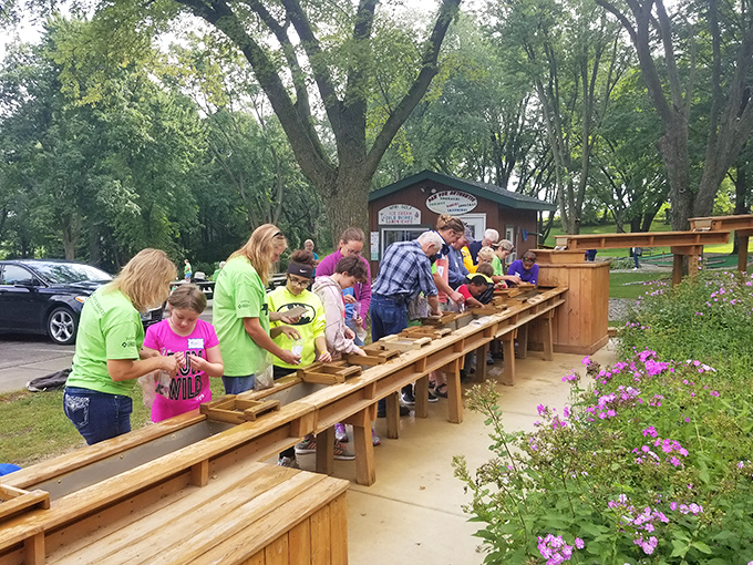 Prospector's delight: Visitors try their luck at the sluice, where hidden gems await discovery in the rushing water.