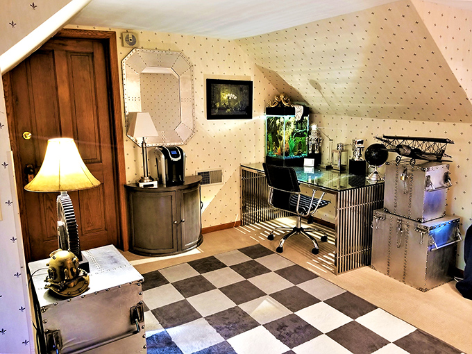 The home office space combines Victorian elegance with industrial innovation &ndash; that desk has definitely seen some mad scientist blueprints.