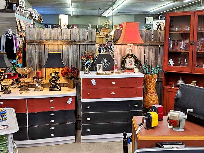 Beautifully refinished vintage dressers showcase the craftsmanship of bygone eras, each drawer potentially hiding its own secrets.