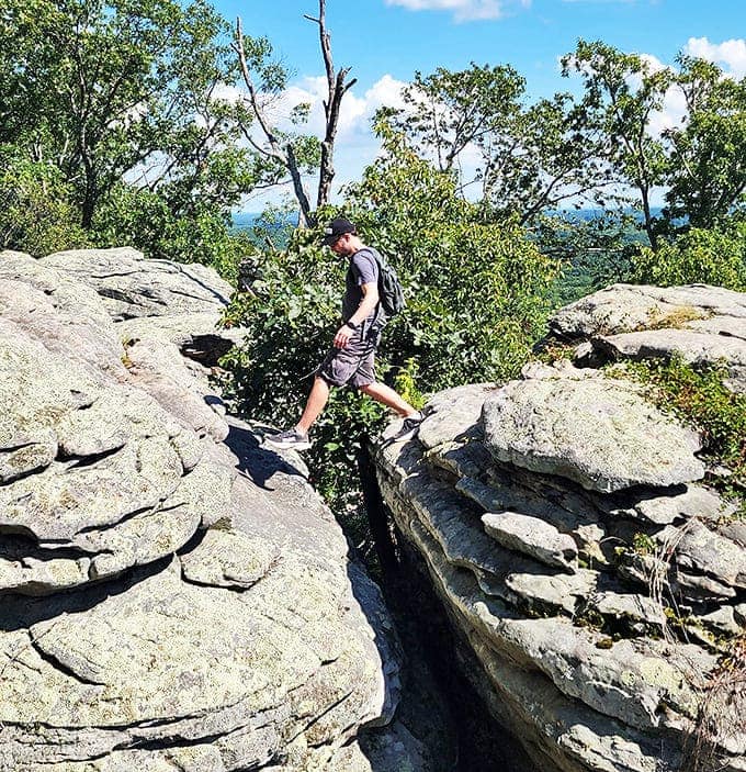 Navigating the gaps between rock formations requires just enough careful stepping to feel adventurous without actually risking a call to emergency services.