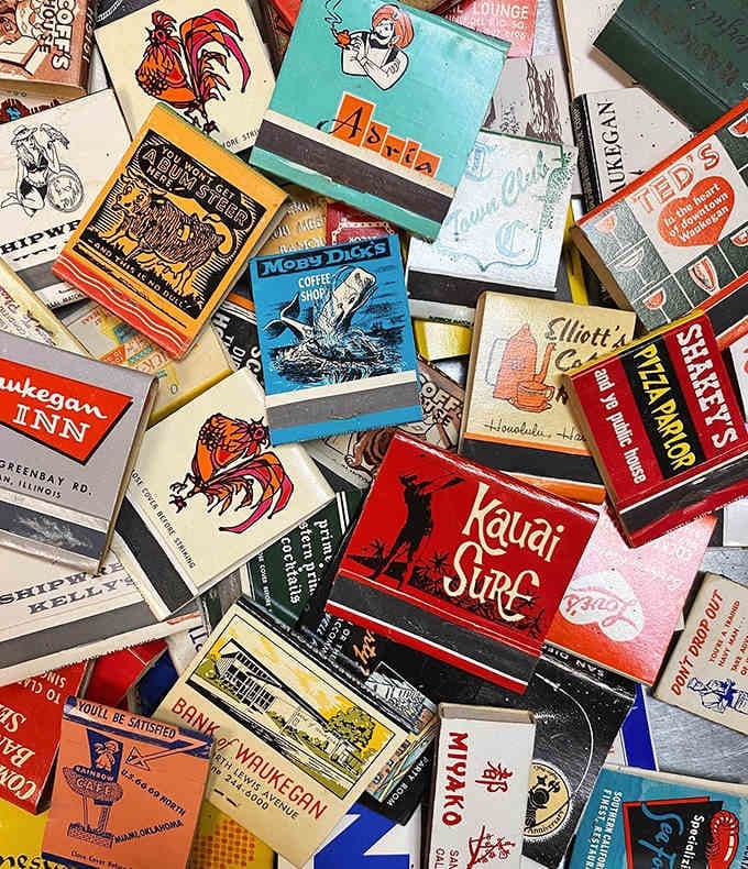 Tiny time capsules from places long gone. Each matchbook tells a story of roadside diners, swanky hotels, and an era when smoking sections were still a thing.