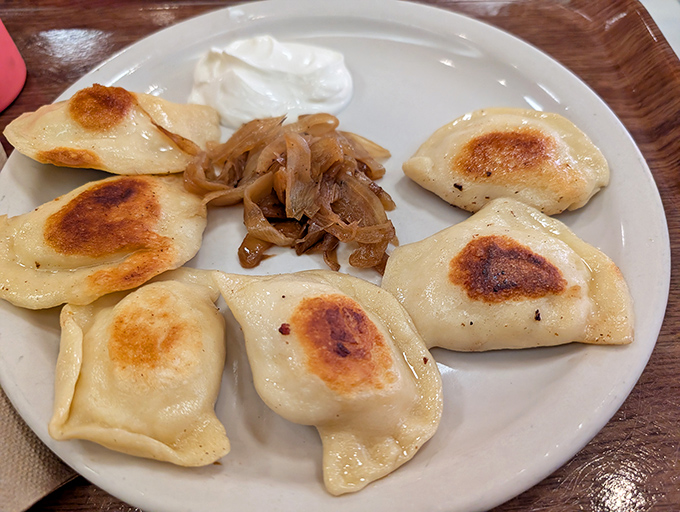 Golden-brown pierogies, pan-fried to perfection, served with caramelized onions and sour cream &ndash; comfort food that speaks a universal language.