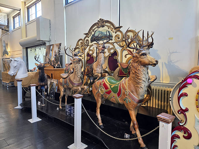 Santa's transportation team gets the carousel treatment with these majestic reindeer figures, their antlers and harnesses carved with extraordinary attention to detail.