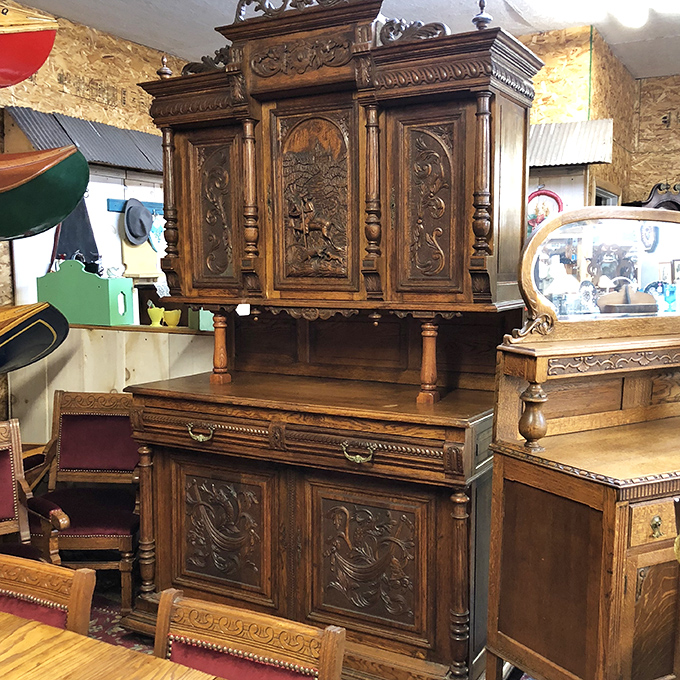This isn't just furniture&mdash;it's functional art. The intricate carvings on this wooden sideboard showcase the patience and skill of craftsmen from another era.