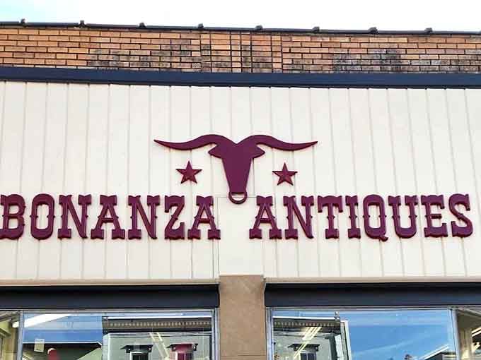Bonanza Antiques announces itself with a distinctive longhorn logo, hinting at the Western-themed treasures you might find inside.