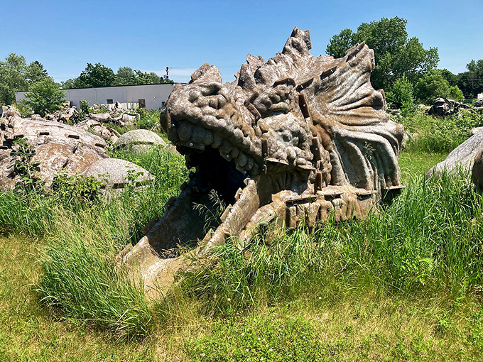 A massive concrete dragon head emerges from the grass at the FAST Fiberglass Graveyard. These sleeping giants once adorned roadside attractions across America.