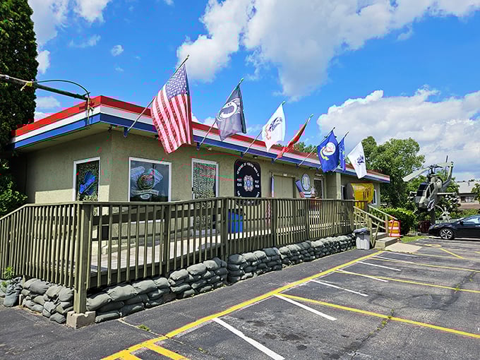 Salute to service! Military flags fly proudly outside this themed restaurant dedicated to honoring America's armed forces.