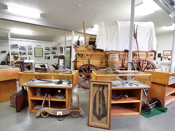 Vintage farm implements and household tools tell silent stories of the ingenuity that built America's heartland communities.