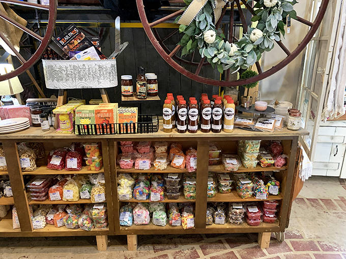 Sweet temptations line these shelves! Old-fashioned candies and treats arranged with care, making shopping feel like a nostalgic trip to simpler times.