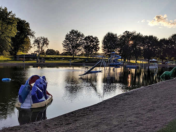 Nature's own light show as a rainbow arches over the swimming area – Mother Nature's seal of approval on this beloved park.