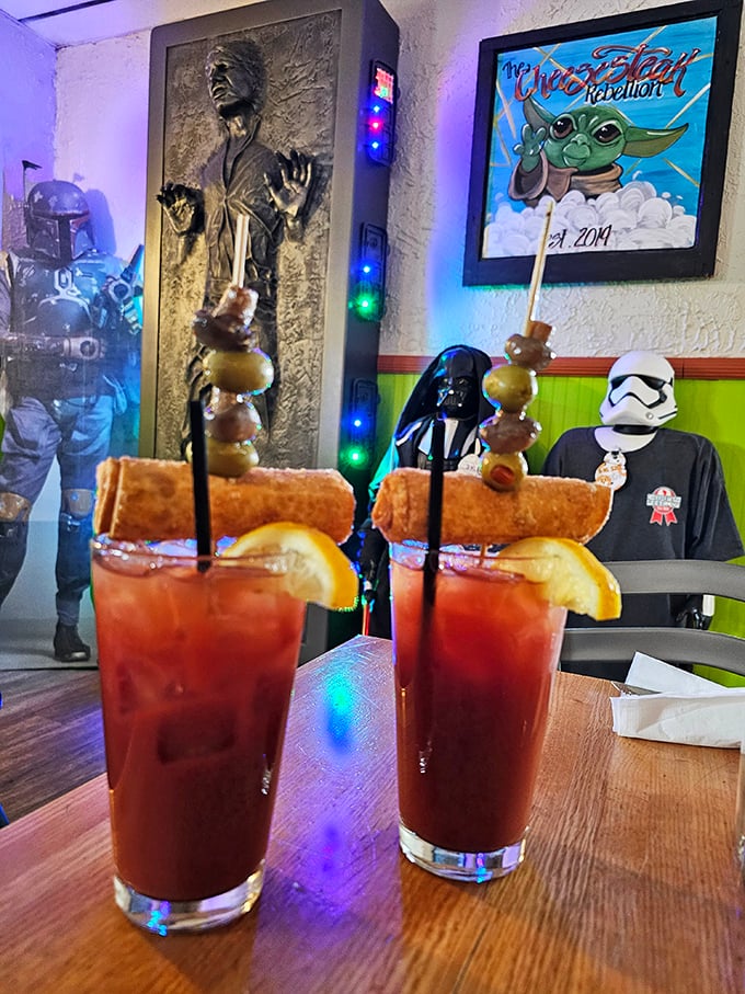 The Force is strong with this Bloody Mary — piled high with egg rolls and cheese curds, it’s basically a meal in a glass.