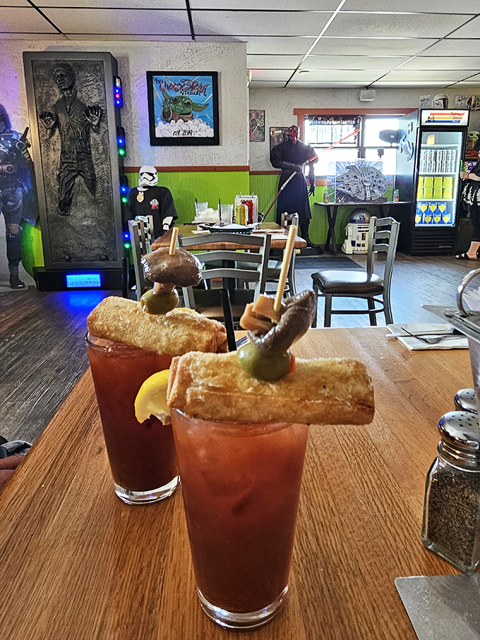 The Bloody Marys here come with their own mini cheesesteak garnish, because why should drinking interfere with sandwich consumption?