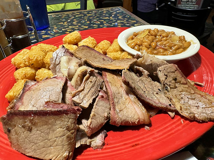Brisket that's spent hours in the smoker arrives tender and juicy, with those smokehouse beans stealing a bit of the spotlight.