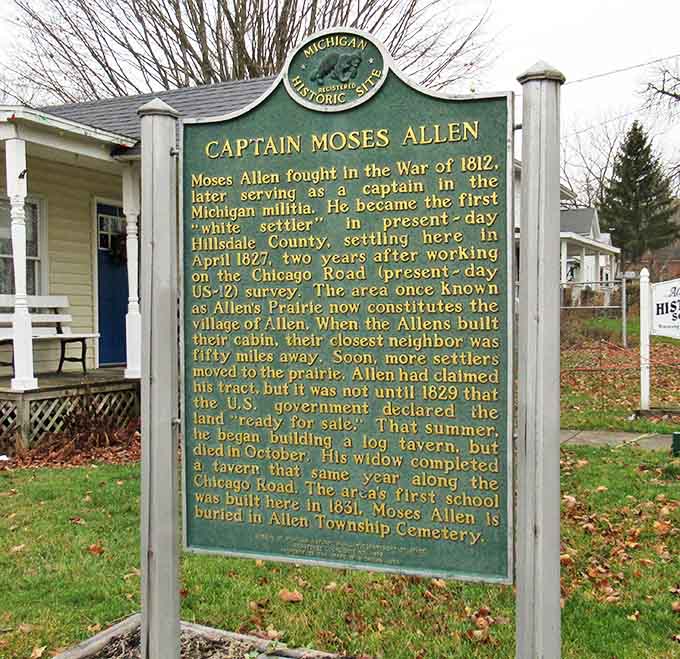 This historic marker tells the tale of Captain Moses Allen, the town's founder who settled here in 1827 after fighting in the War of 1812.