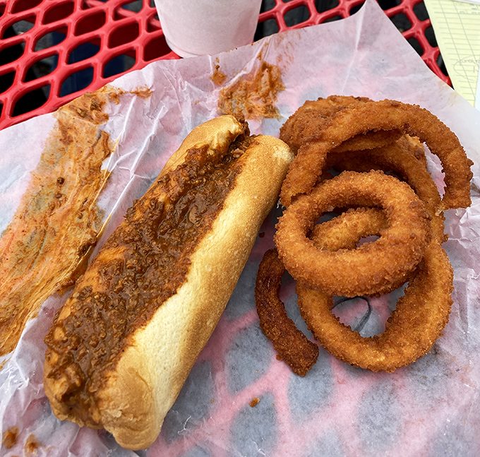 Lou's chili dog and onion rings – a dynamic duo that makes you wonder why anyone would ever waste stomach space on kale.