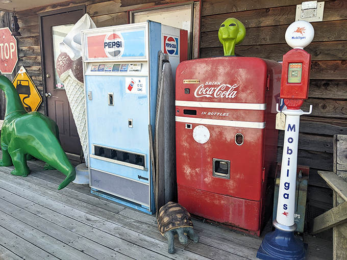 This isn't just a vending machine, it's a time machine dispensing fizzy nostalgia from an era when Coca-Cola came in glass and cost a nickel.