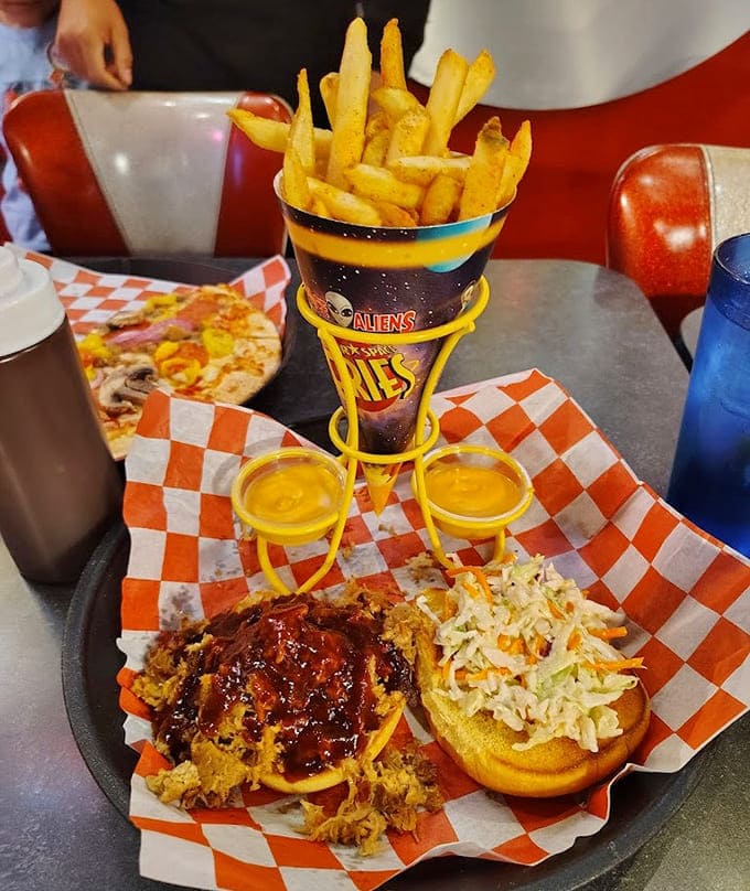 The perfect spacecraft of flavors &ndash; BBQ sandwich with crispy fries served in a custom holder that's as fun as it is functional.