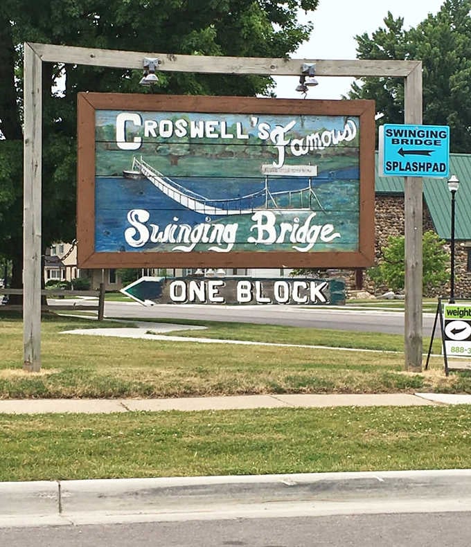 Vintage signage captures the bridge's nostalgic charm, a reminder that some attractions don't need modern bells and whistles to delight.