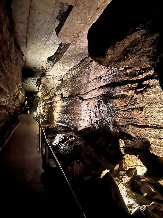 Follow the light: The illuminated pathway leads deeper into Mystery Cave, where each turn reveals new geological wonders waiting to be discovered.