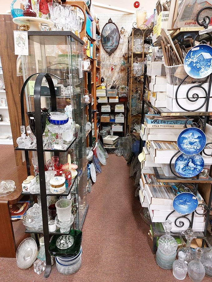 Glassware Gallery: Crystal and colored glass catch the light like a time-traveler's kaleidoscope, each piece waiting to bring vintage charm to modern tables.