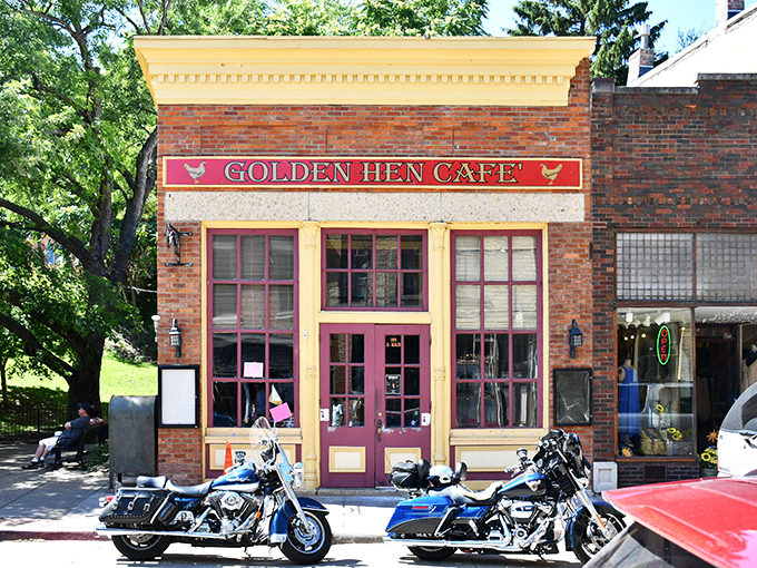 The Golden Hen Cafe's cheerful exterior promises comfort food that satisfies both body and soul &ndash; a true Galena breakfast institution.