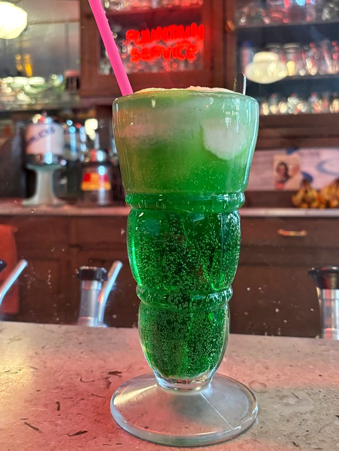 The legendary Green River float glows with supernatural lime brightness – like drinking a delicious science experiment.