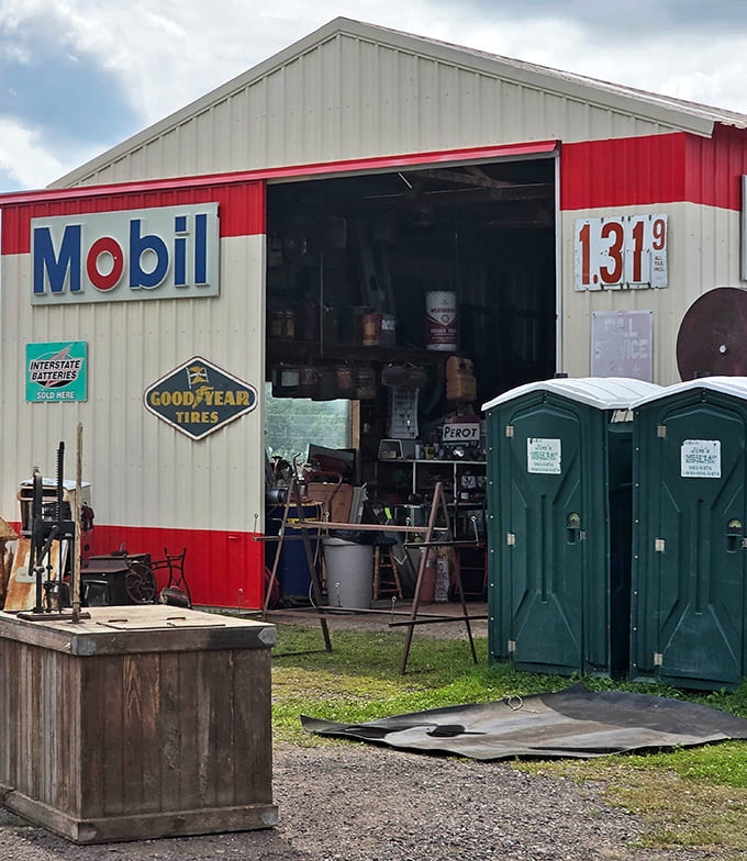 Even the storage areas look like curated displays where Mobil signs meet mysterious metal contraptions.