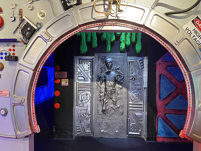 Han Solo frozen in carbonite watches silently as mini-golfers pass by. A wookiee's roar of approval for this authentic sci-fi touch!