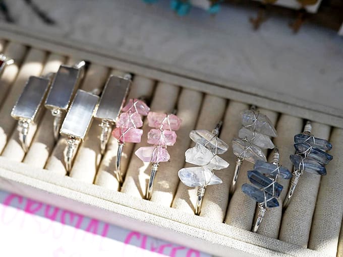 Handcrafted Crystal Cuff Bracelets: Delicate wire-wrapped crystal bracelets catch the light, each one a wearable piece of art created by skilled local artisans.